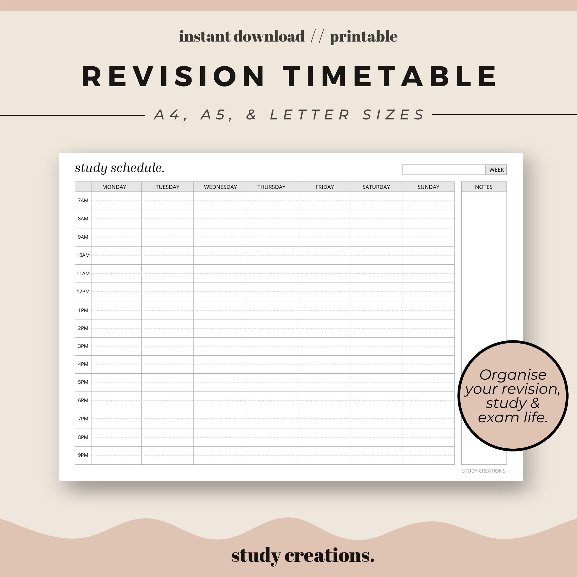 Revision Timetable Printable Set Study Schedule Weekly | Etsy