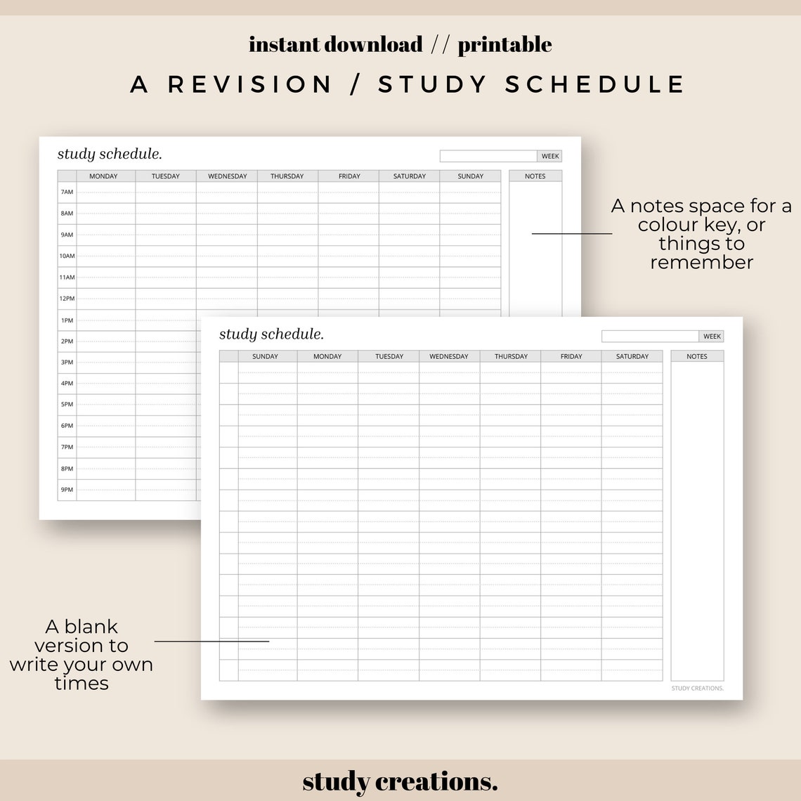 Simple Weekly Study Schedule Printable Set | Weekly Revision Timetable ...
