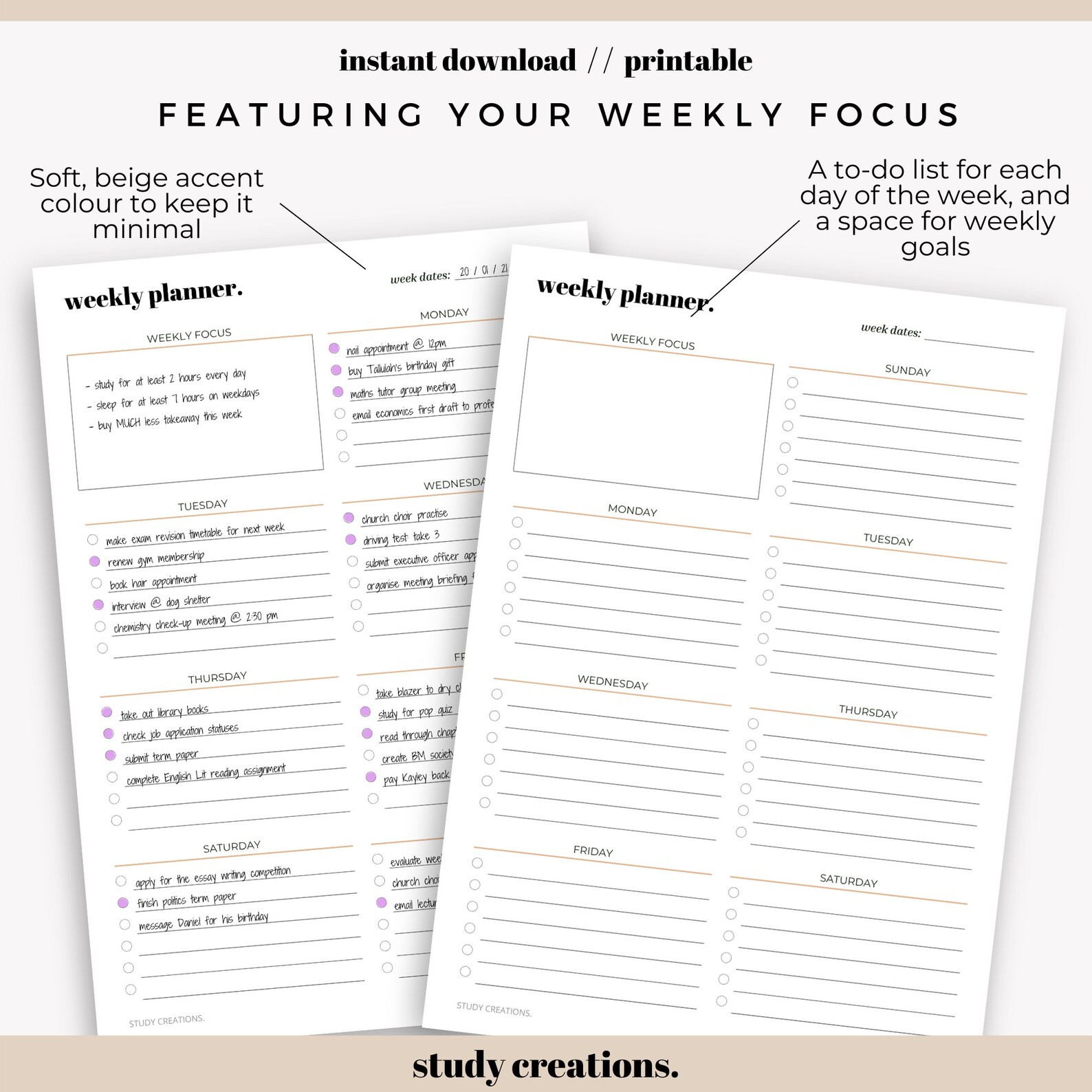 Minimal Weekly Task Planner | Weekly Planner | To-do List | Planner ...