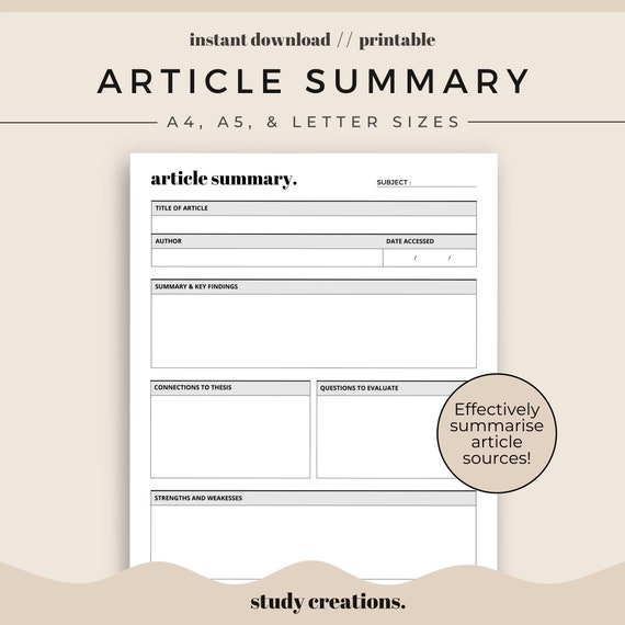 Article Summary Printable for Students Research Paper - Etsy