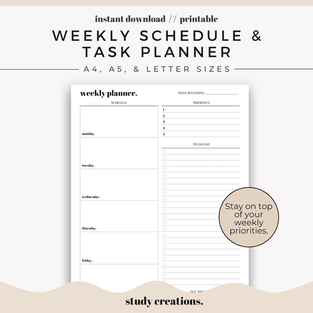 Weekly Schedule & Task Planner Printable Weekly Planner To-do List ...