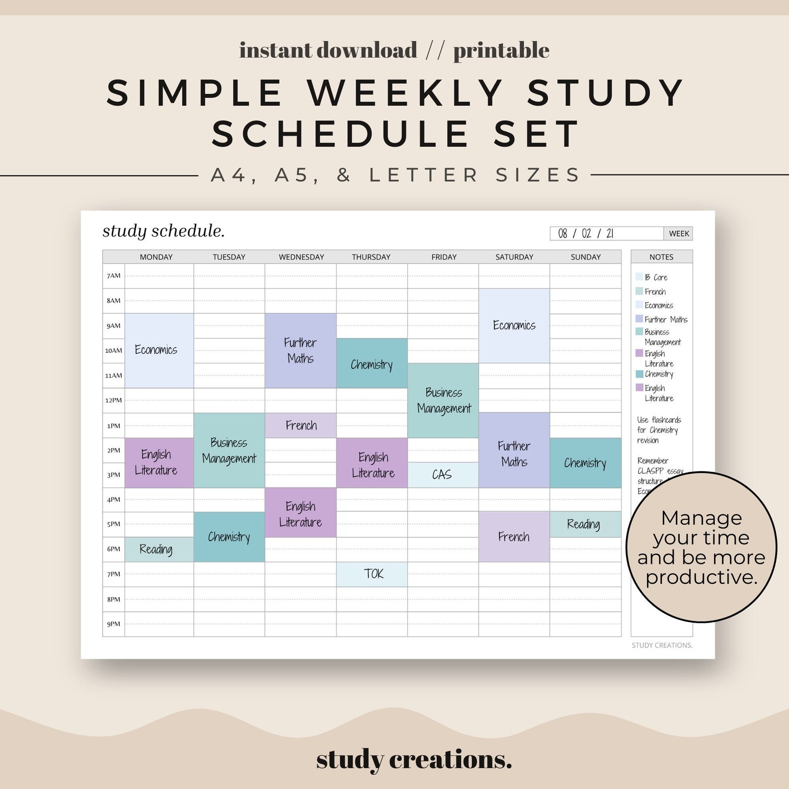 Simple Weekly Study Schedule Printable Set | Weekly Revision Timetable ...