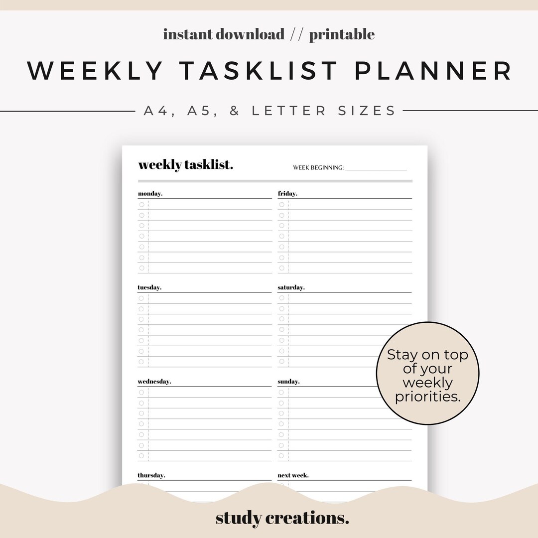 Weekly Tasklist Planner Printable | Weekly Planner | To-do List ...