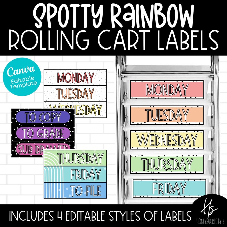 EDITABLE Rolling Cart Labels Spotty Rainbow Teacher Cart - Etsy