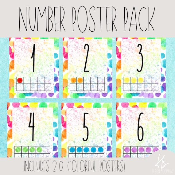 PRINTABLE Number Poster Pack Watercolor Rainbow Bulletin - Etsy