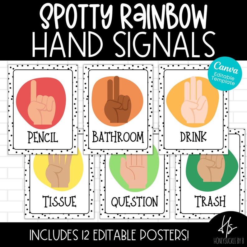 EDITABLE Hand Signals Poster Pack Spotty Rainbow Bulletin - Etsy