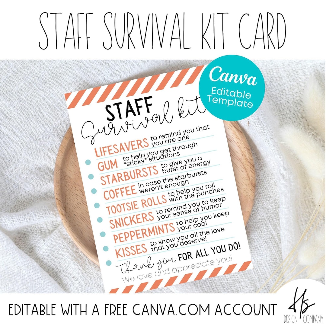 EDITABLE Staff Survival Kit Card | Staff Appreciation Gift | Education ...
