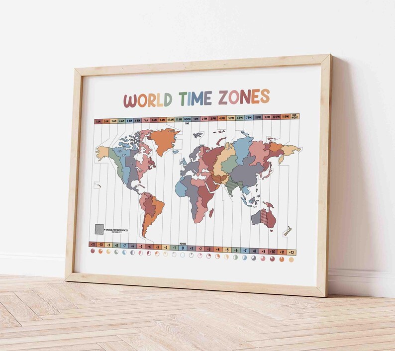 World Time Zones Poster | Homeschool Map Wall Art | Classroom Wall ...