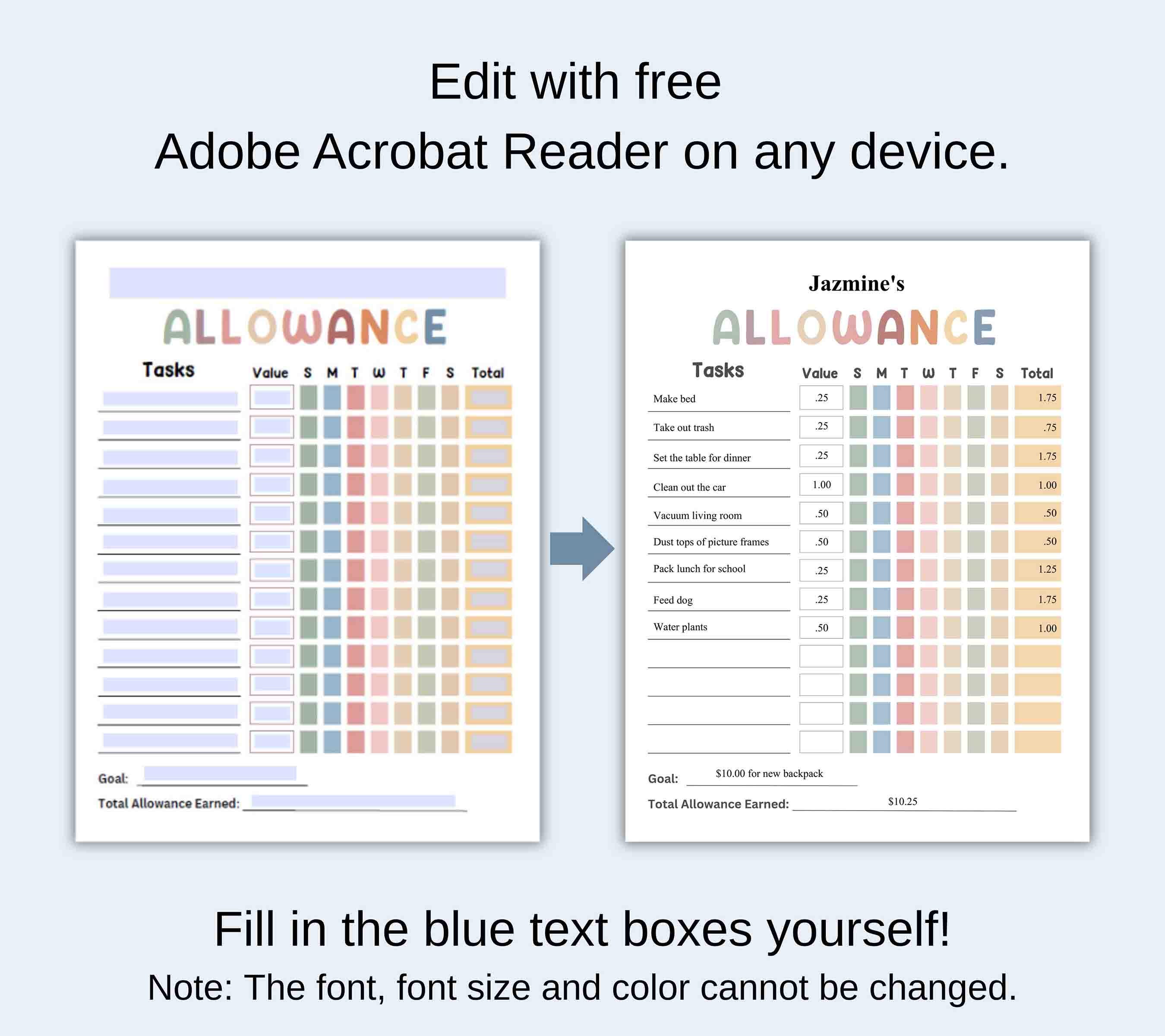 Allowance Chart for Kids | Instant Download | Printable | Allowance ...