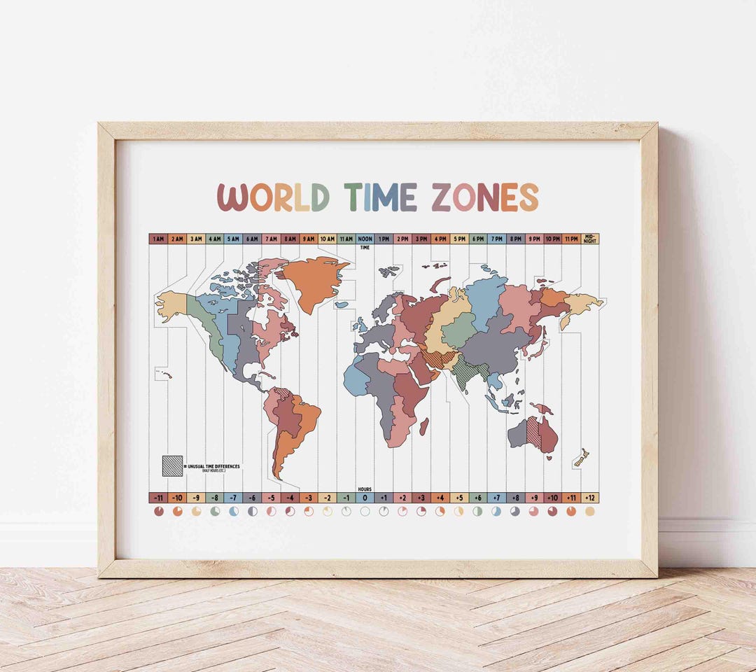 World Time Zones Poster | Homeschool Map Wall Art | Classroom Wall ...