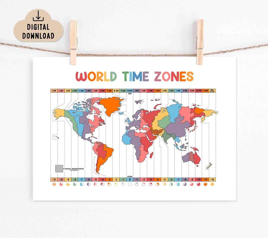 World Time Zones Poster Printable, WHIMSY Colors (digital Download ...