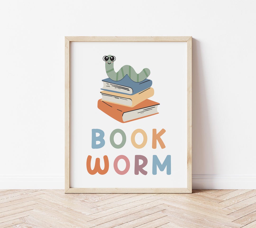 Book Worm Poster | Book Lover | Reading Corner Print | Positive ...