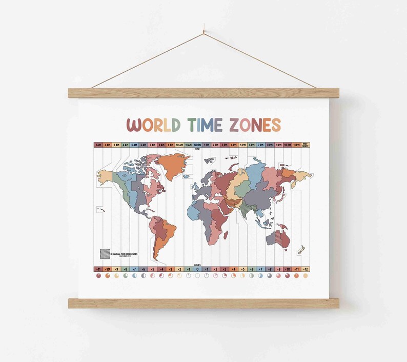 World Time Zones Poster | Homeschool Map Wall Art | Classroom Wall ...