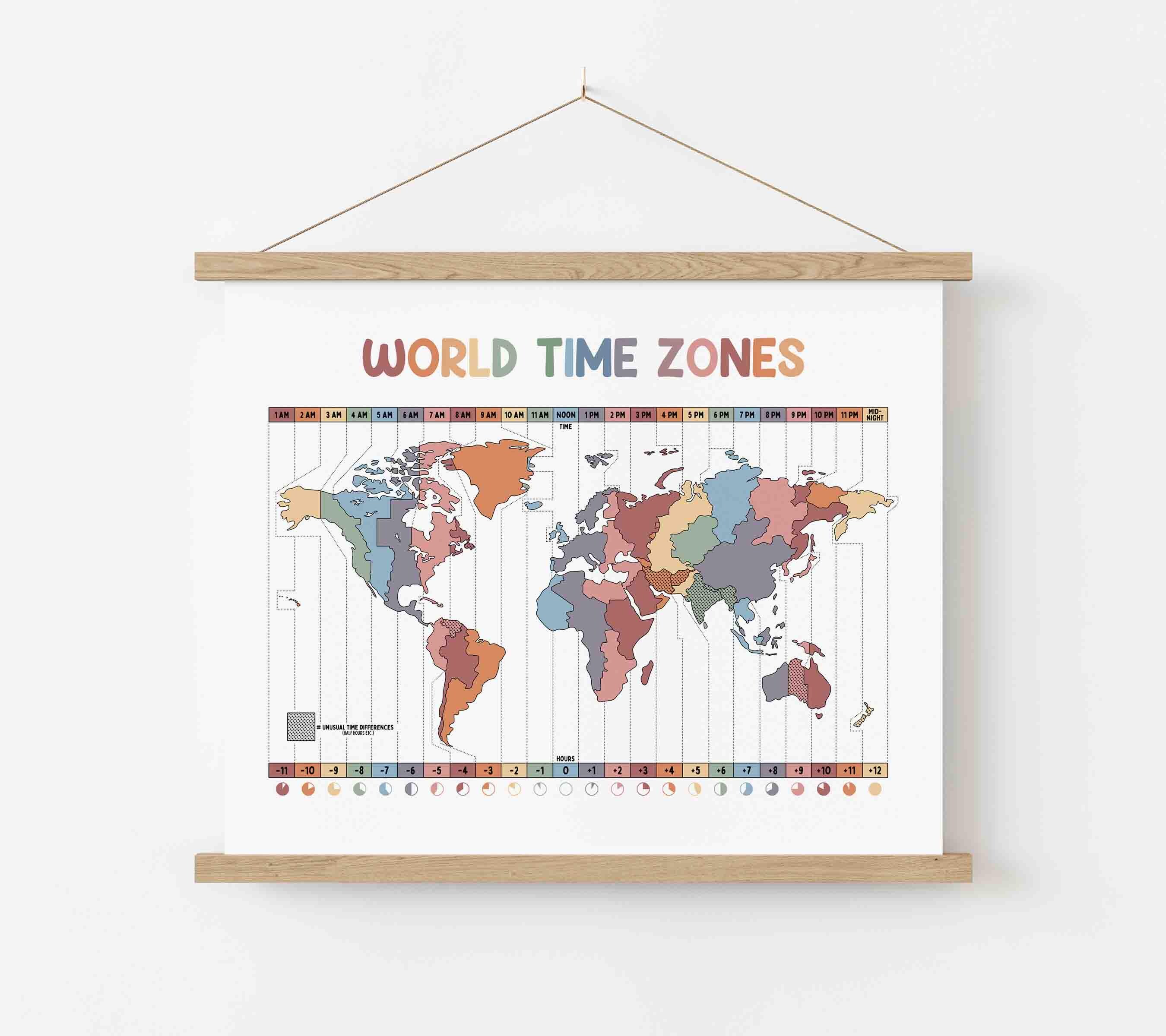 World Time Zones Poster | Homeschool Map Wall Art | Classroom Wall ...