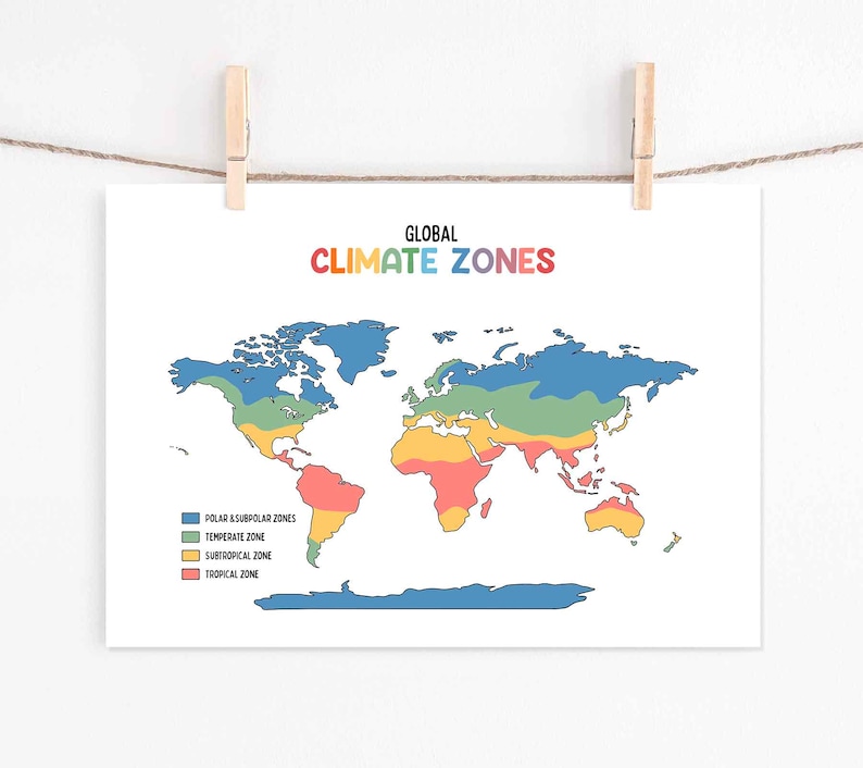 Climate Zone World Map Poster BRIGHT, Homeschool Map Wall Art ...