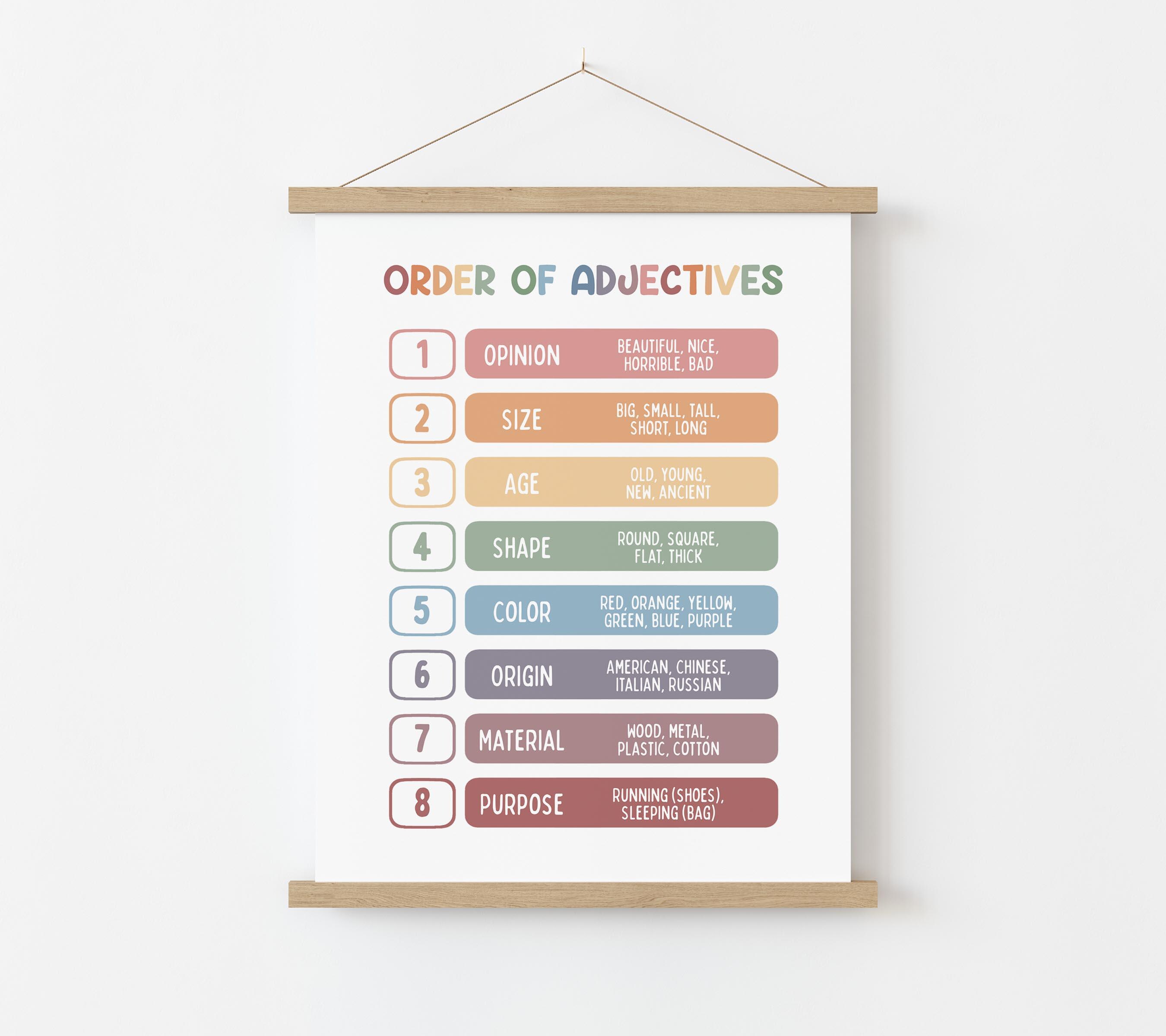 Order of Adjectives Poster | Homeschool Wall Art | Classroom Decor ...
