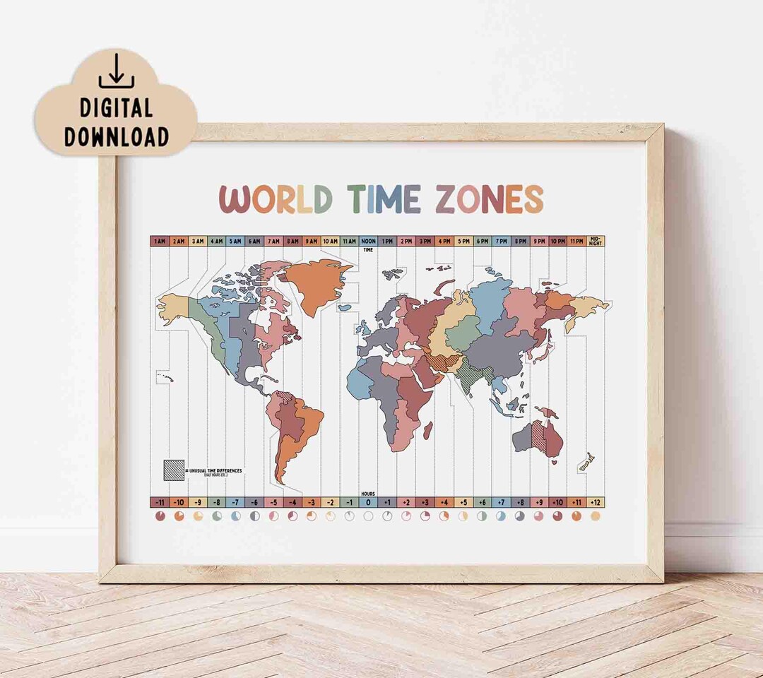 World Time Zones Poster zum ausdrucken (digitaler Download) bildungs ...