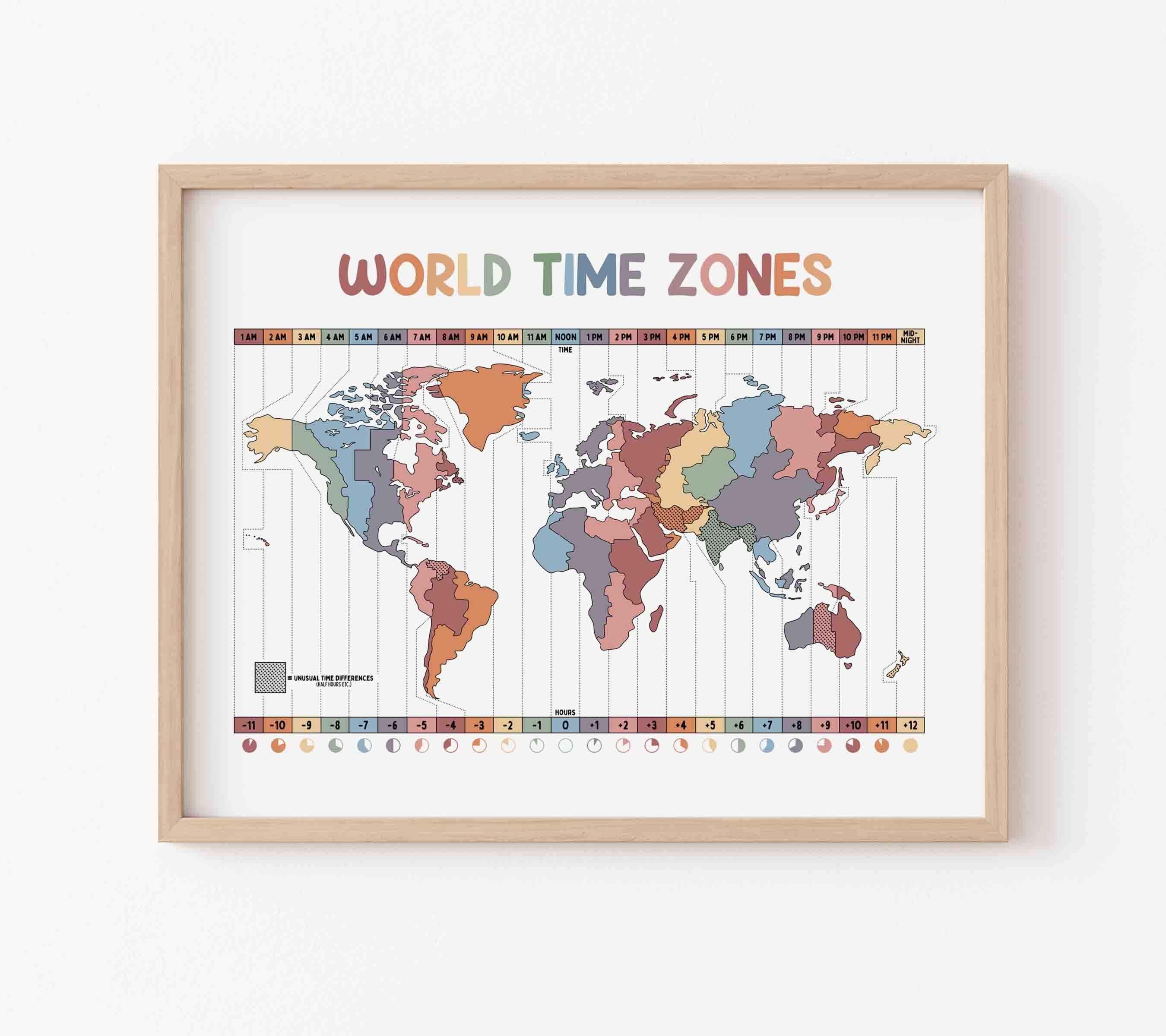 World Time Zones Poster | Homeschool Map Wall Art | Classroom Wall ...