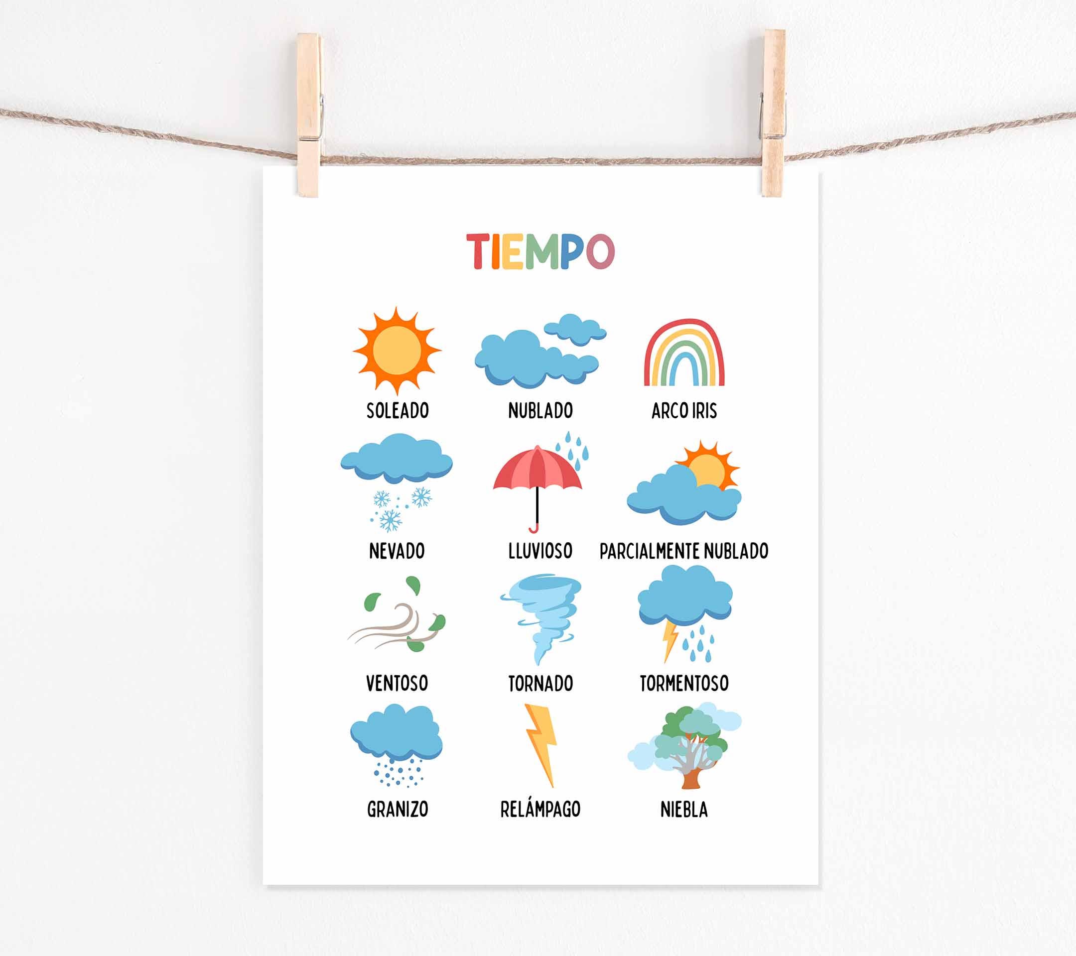 Tiempo, Weather Printable for Kids, Spanish Language BRIGHT Color ...