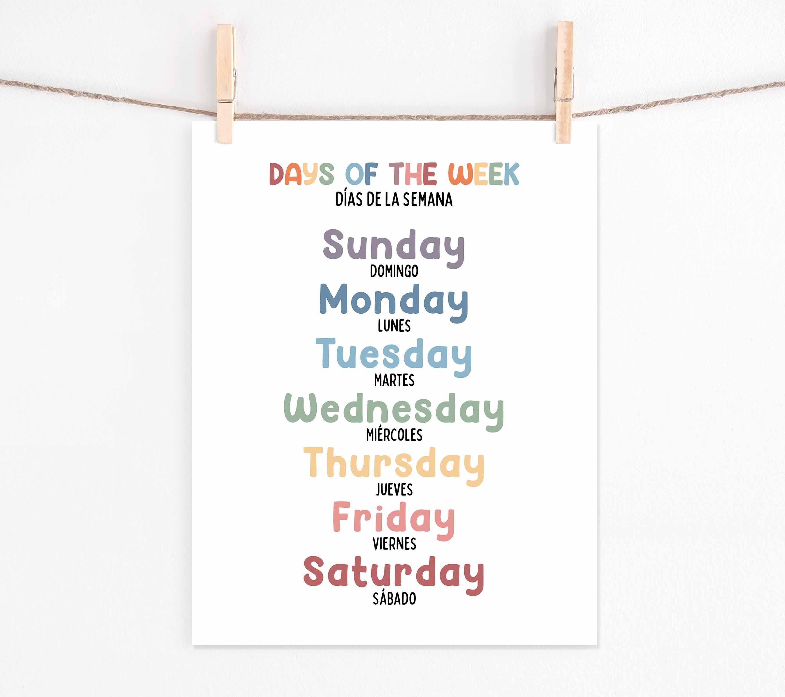 Bilingual Days of the Week Posters for Kids | Set of 2 Prints | Wall ...