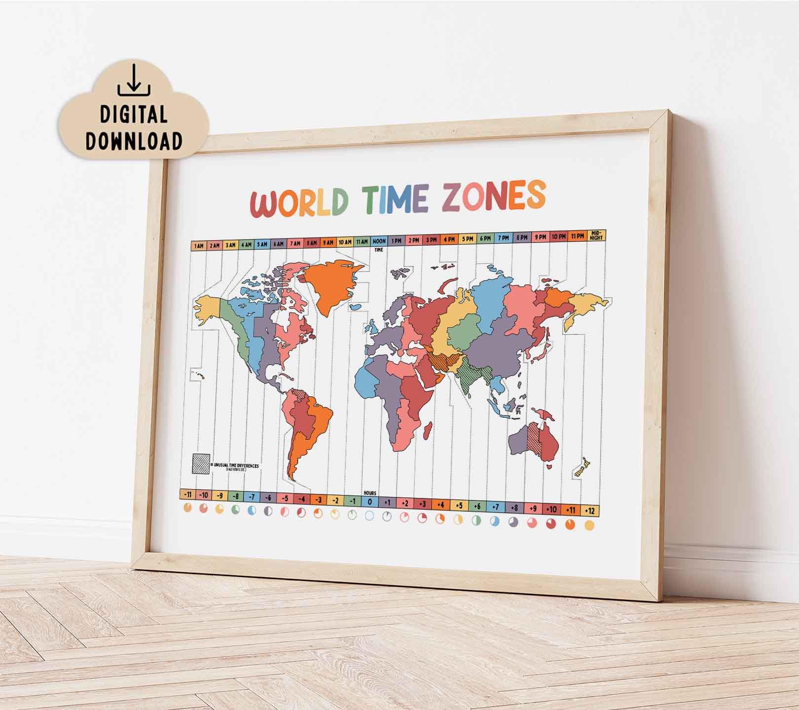World Time Zones Poster Printable, WHIMSY Colors (digital Download ...