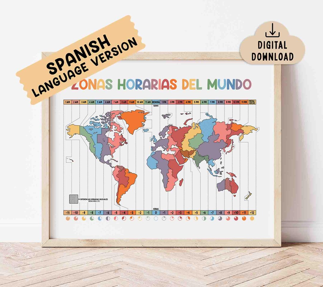 World Time Zones, Spanish Language Poster Printable, BRIGHT Language ...