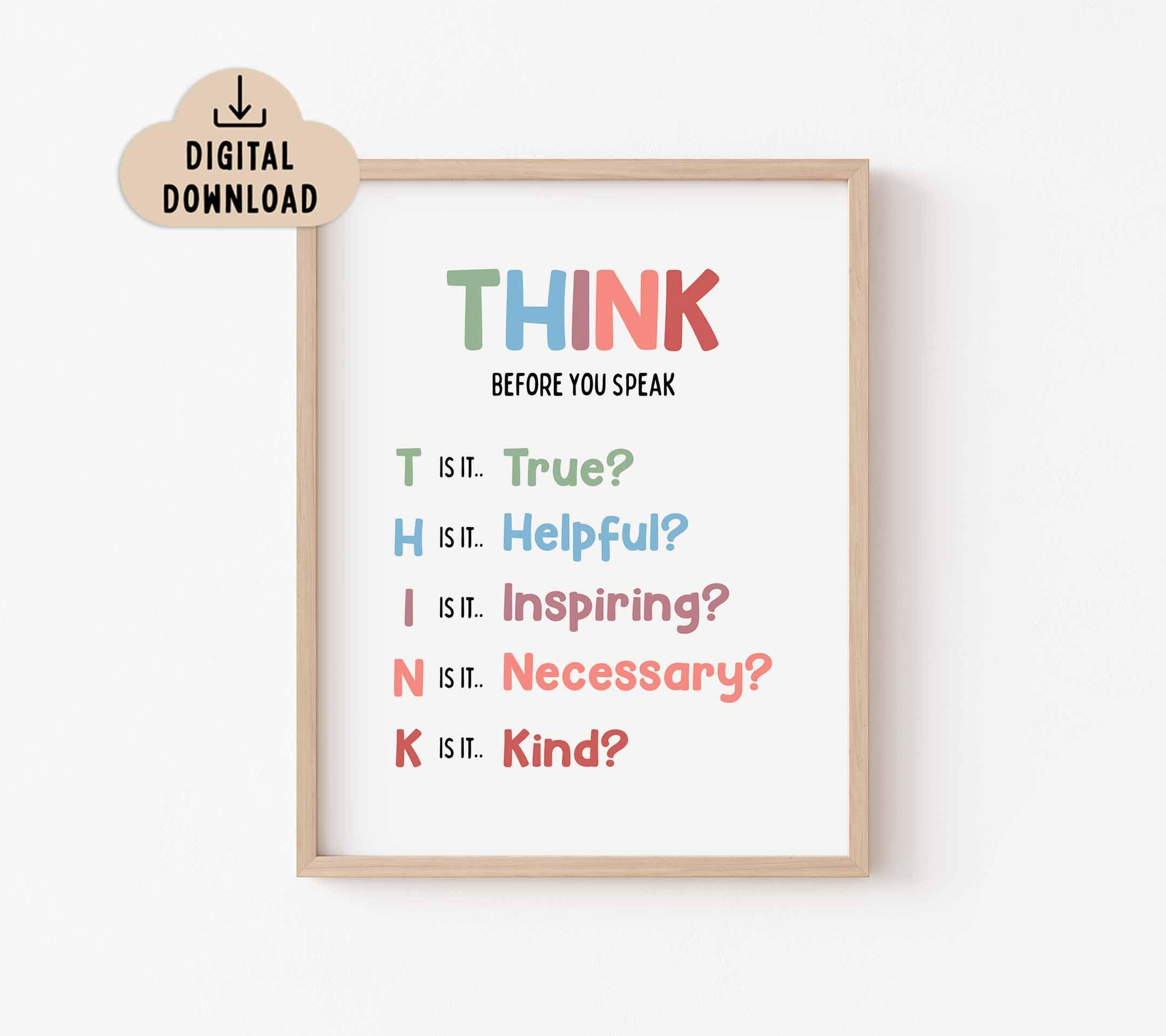 Think Before You Speak Printable Poster, BRIGHT Colors (digital ...