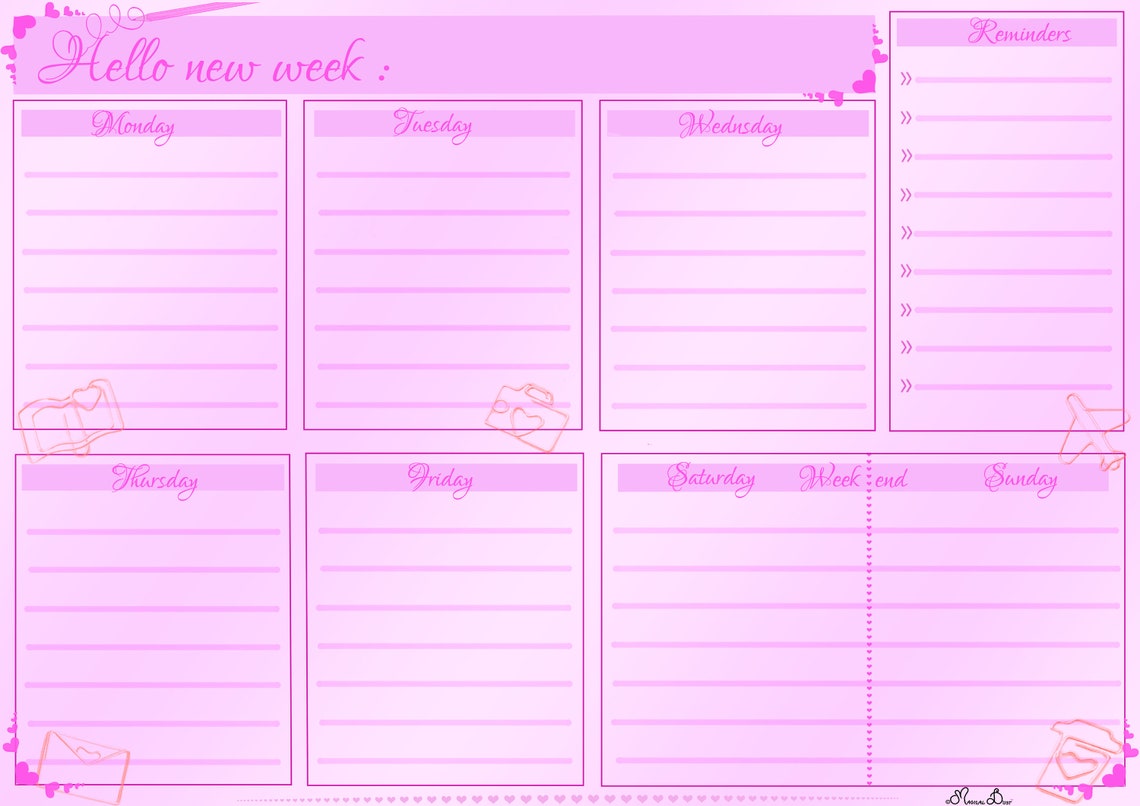 Digital Pink Weekly Planner,printable Pink Weekly Planner,week List ...