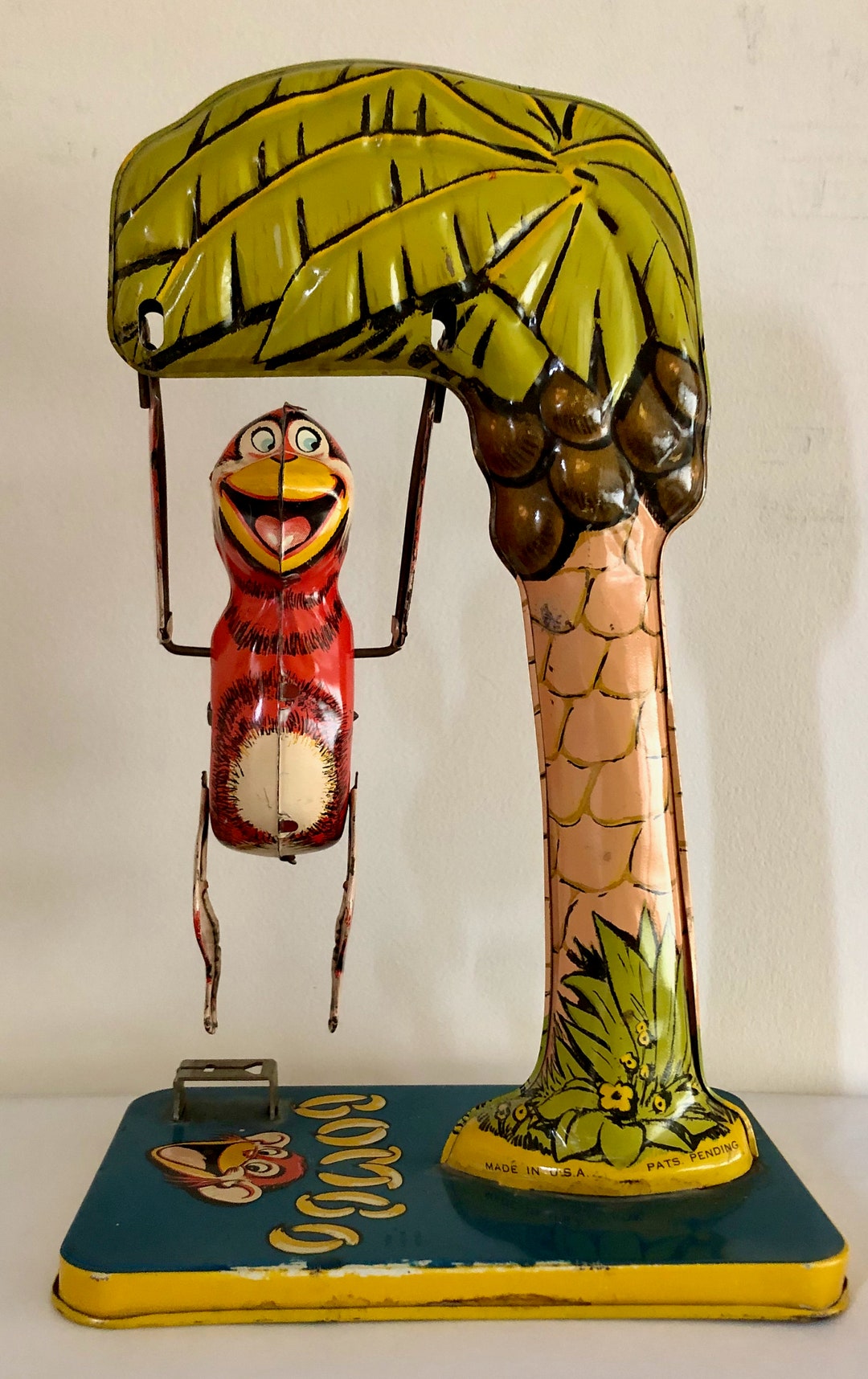 1940's Unique Art "bombo" Swinging Monkey Tin Litho Wind-up Toy W ...