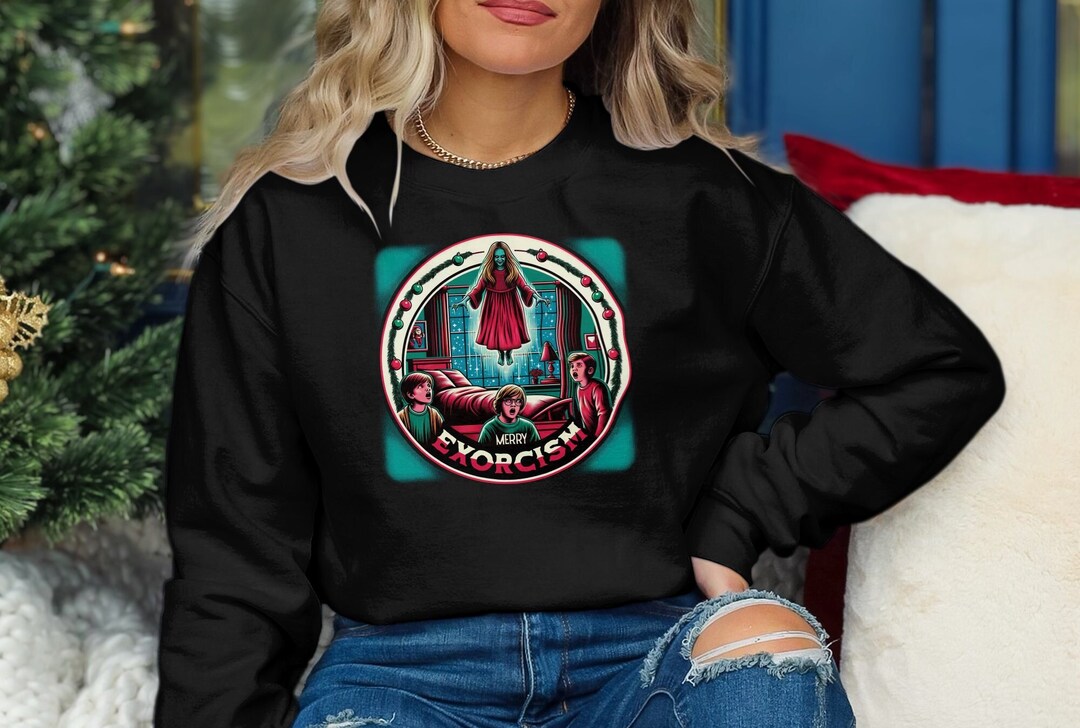 Merry Exorcism Retro Horror Ugly Christmas Sweater, Spooky Scary Dark ...