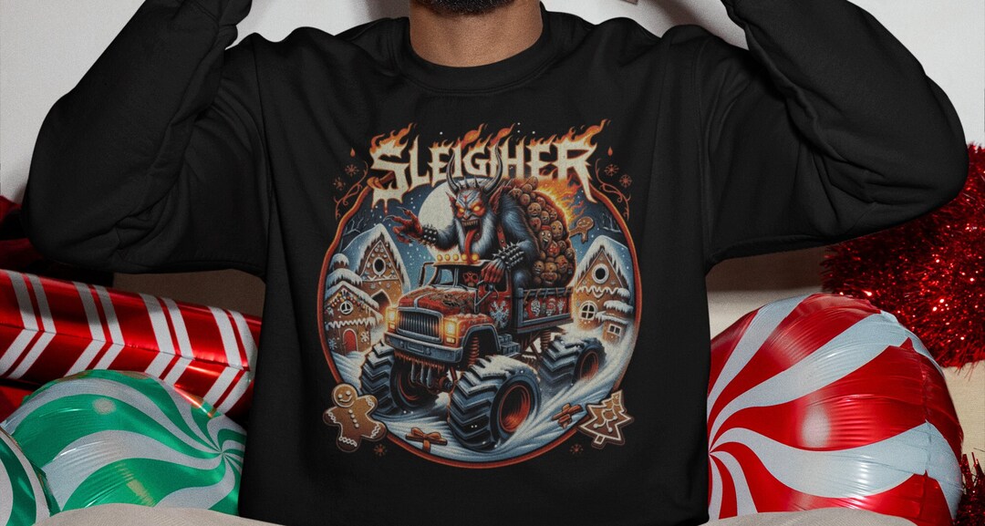 Krampus Gingerbread Monster Sleigher Christmas Monster Truck Sweatshirt ...