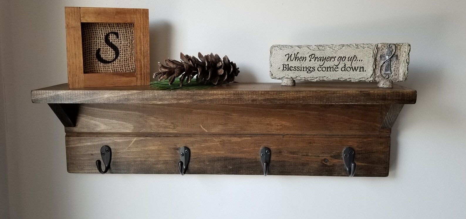 Rustic Wood Shelf With Hooks Wood Shelf With Hooks Entryway | Etsy