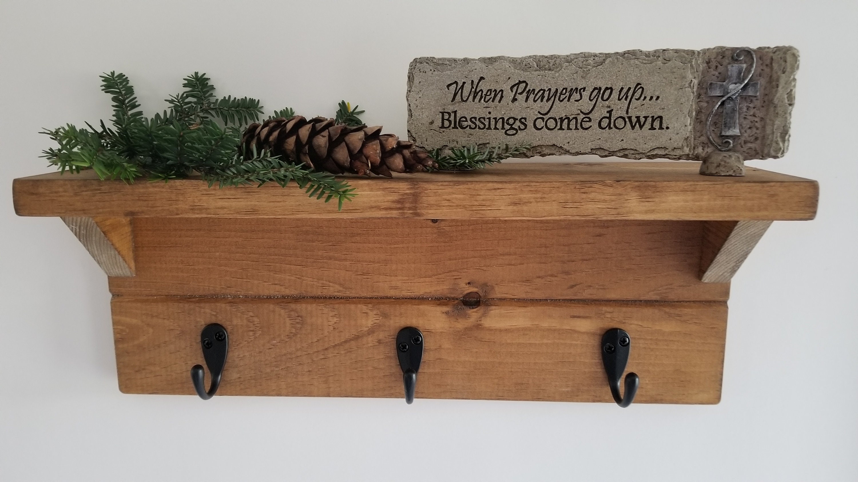 Rustic Wood Shelf With Hooks Wood Shelf With Hooks Towel | Etsy