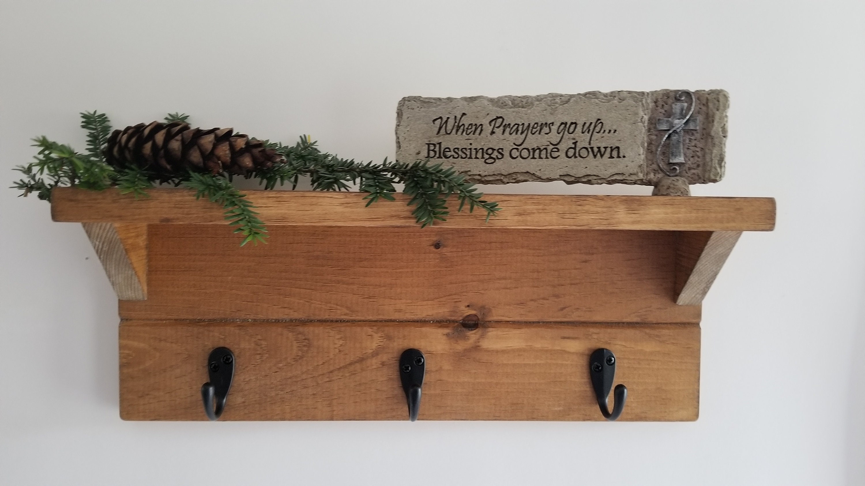 Rustic Wood Shelf With Hooks Wood Shelf With Hooks Towel | Etsy