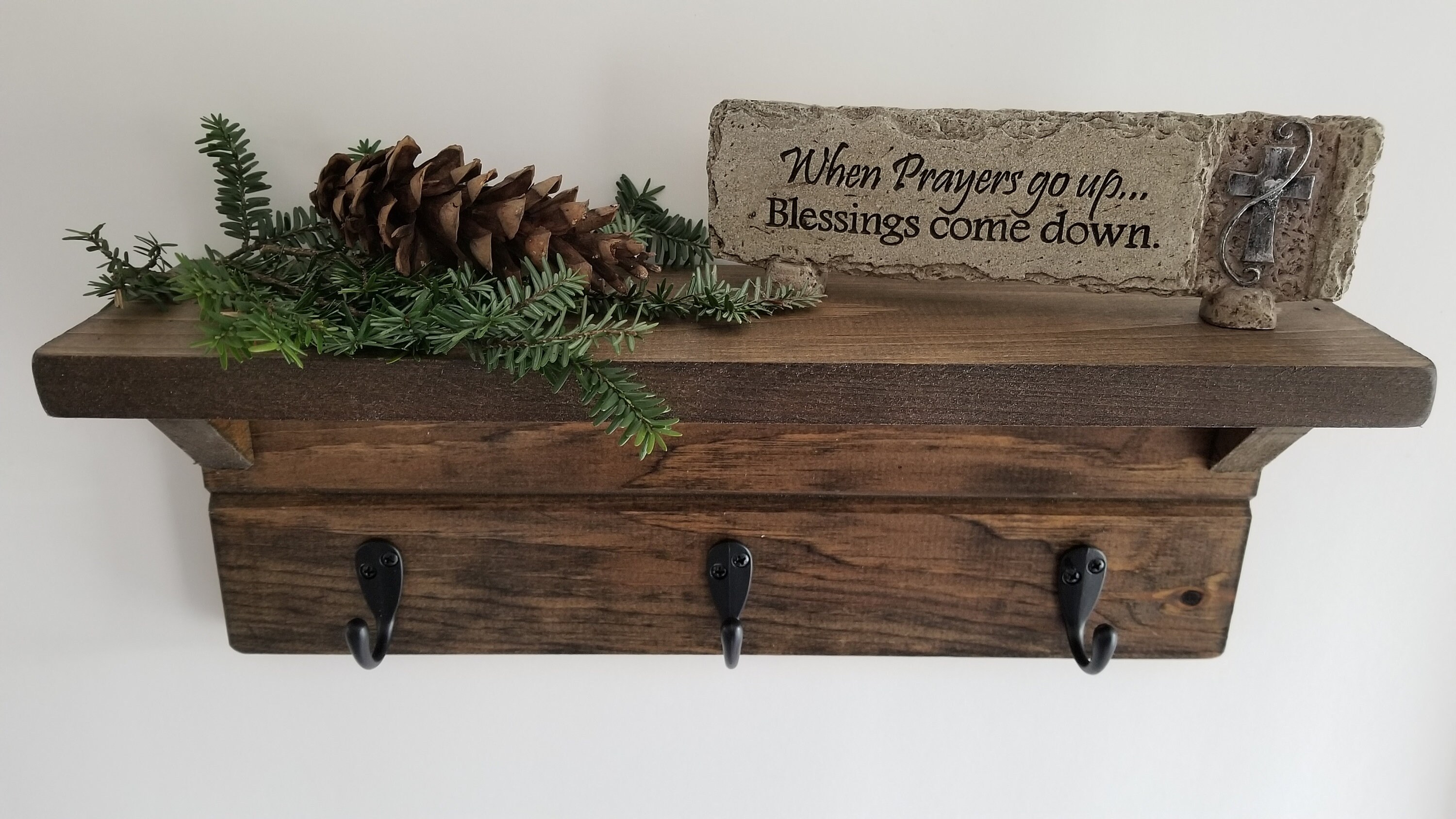 Rustic Wood Shelf With Hooks Wood Shelf With Hooks Towel | Etsy