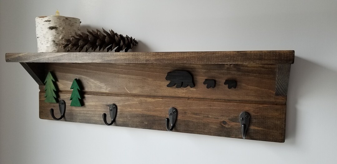Bear Shelf With Hooks, Wood Shelf With Hooks, Wood Coat Rack With Shelf ...
