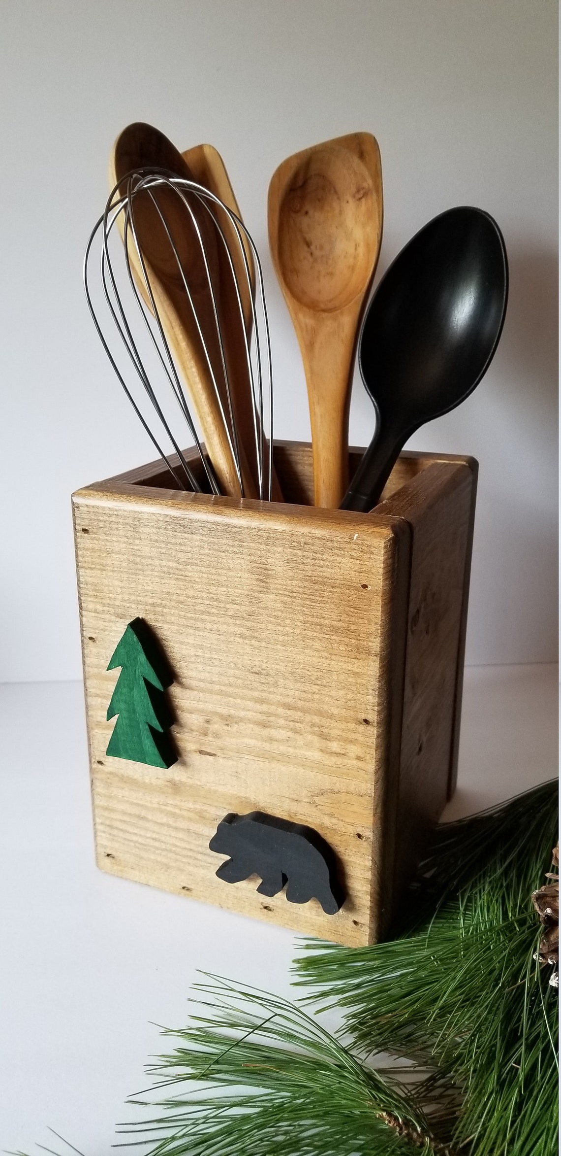 Rustic utensil holder wood utensil holder rustic kitchen | Etsy