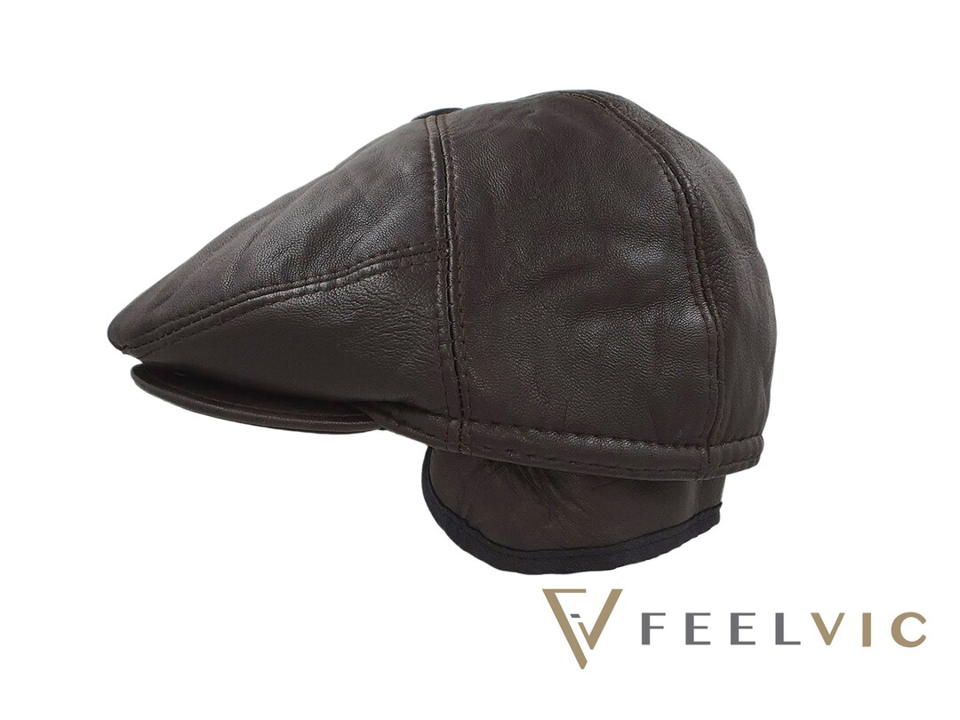 Mens Flat Cap From Real Leather With Lining and Ear Flaps , Mens Winter ...