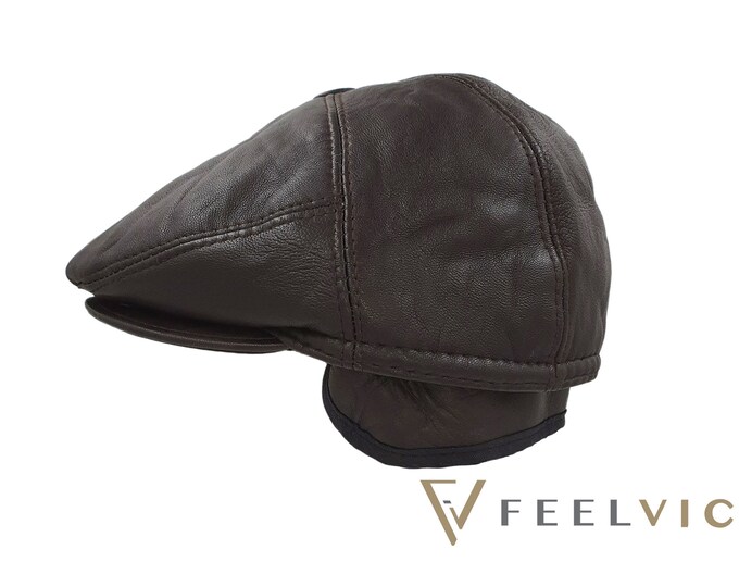 Mens Flat Cap From Real Leather With Lining and Ear Flaps , Mens Winter ...