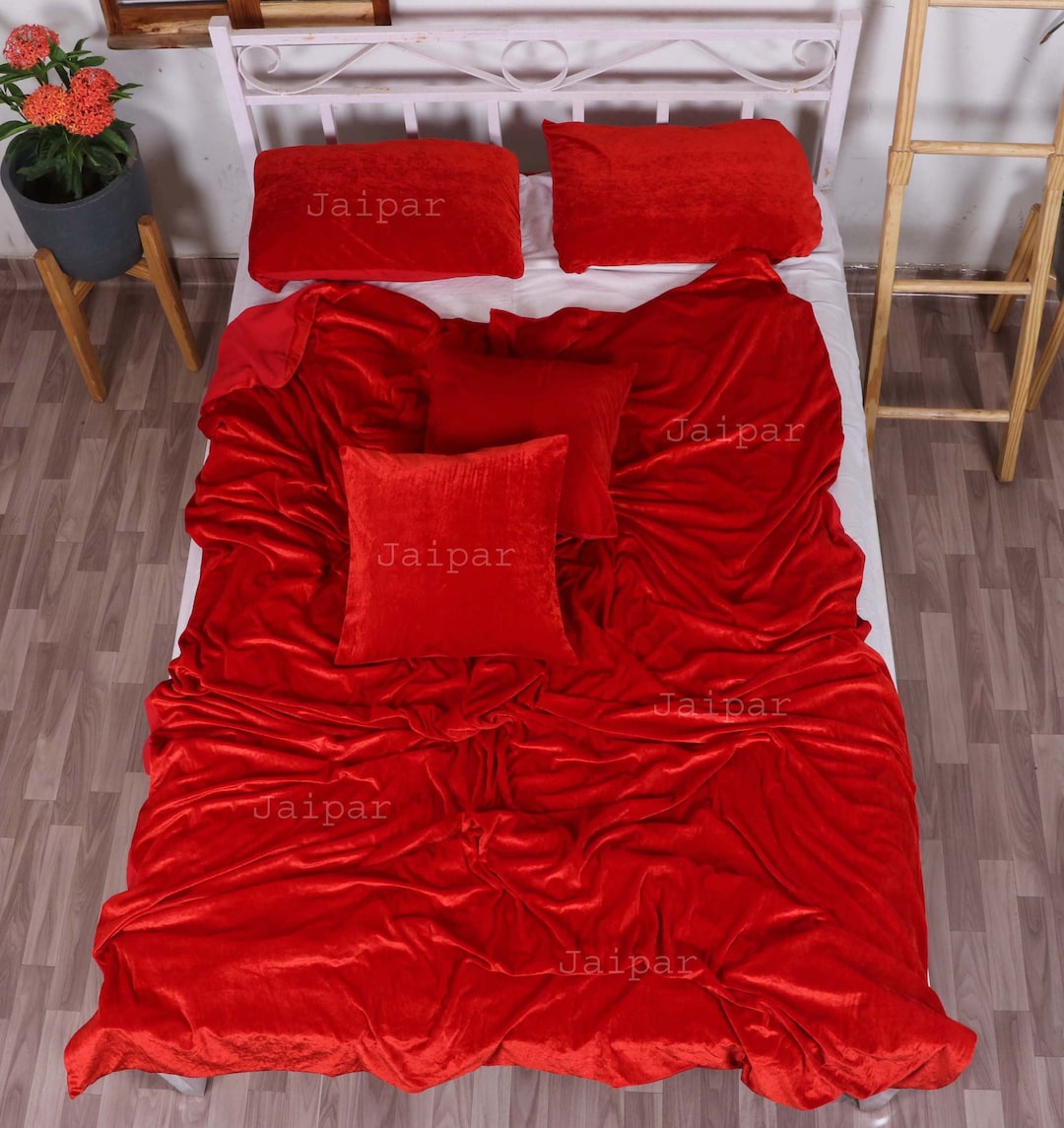 5 Pcs Set Ultra-luxe Crushed Red Velvet Duvet Cover Boho Bedding UO ...