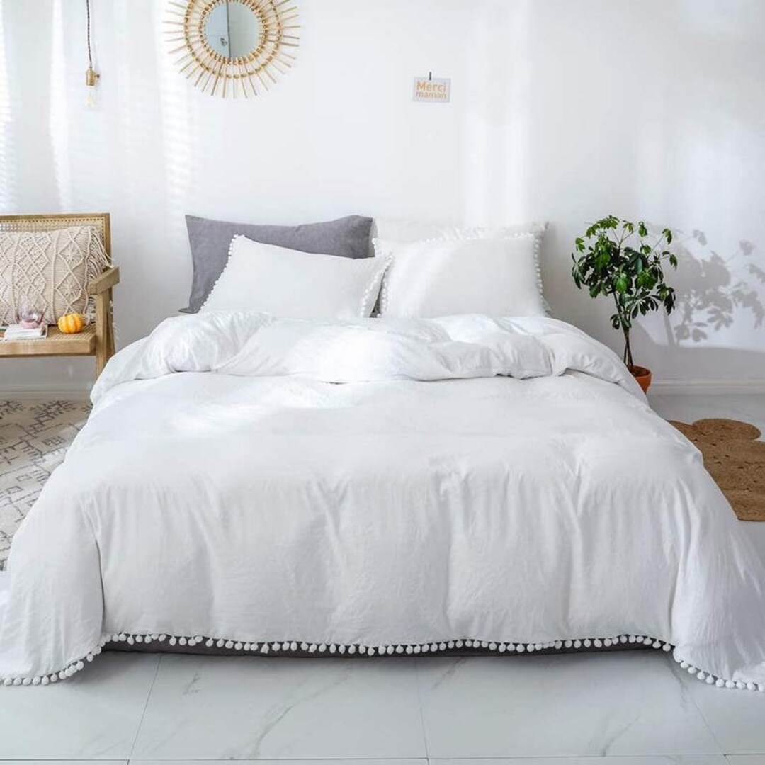 3 Pcs Washed White Cotton Pom-pom Duvet Cover Boho Bedding - Etsy
