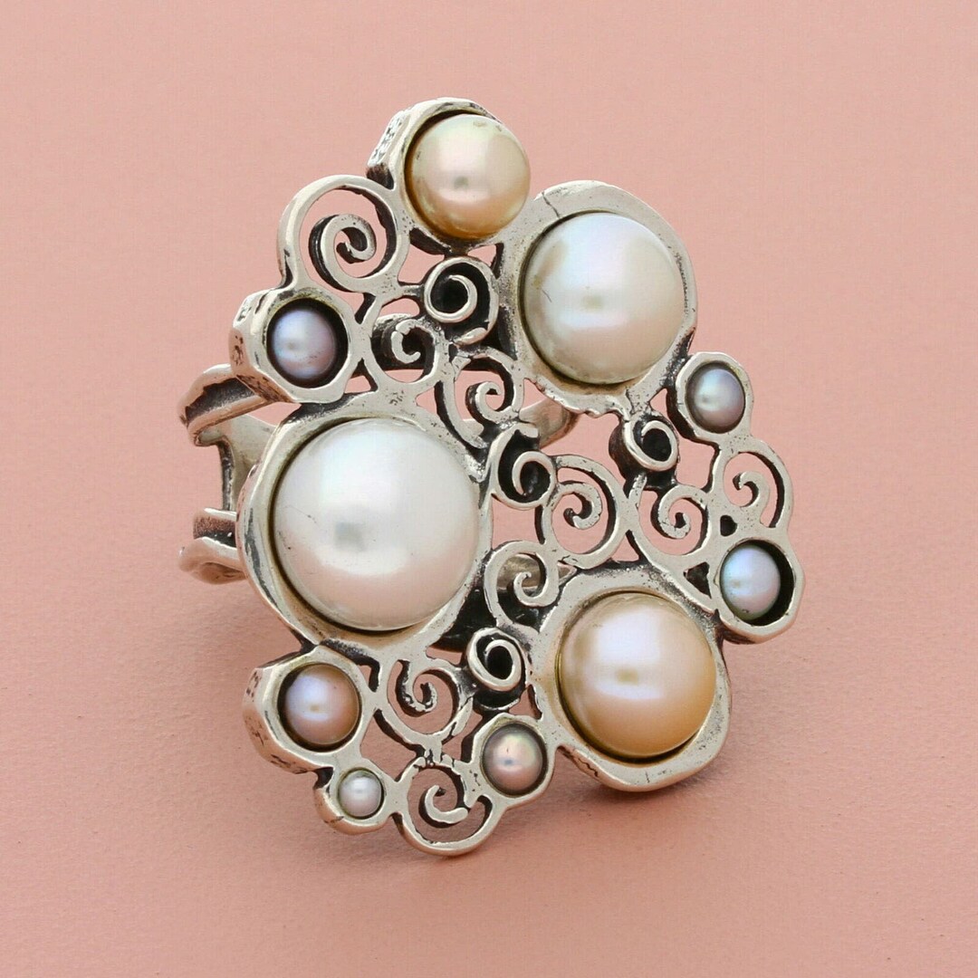 Tamir Zuman Sterling Silver Israel Scroll Pearl Cluster Ring Size 8 - Etsy
