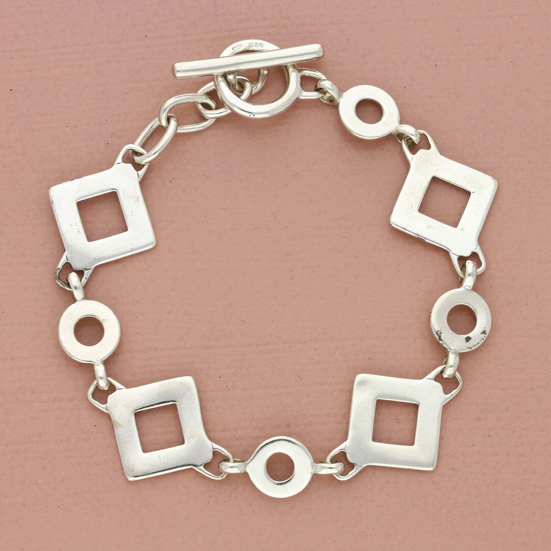 Vintage Sterling Silver Square & Circle Link Toggle Bracelet - Etsy
