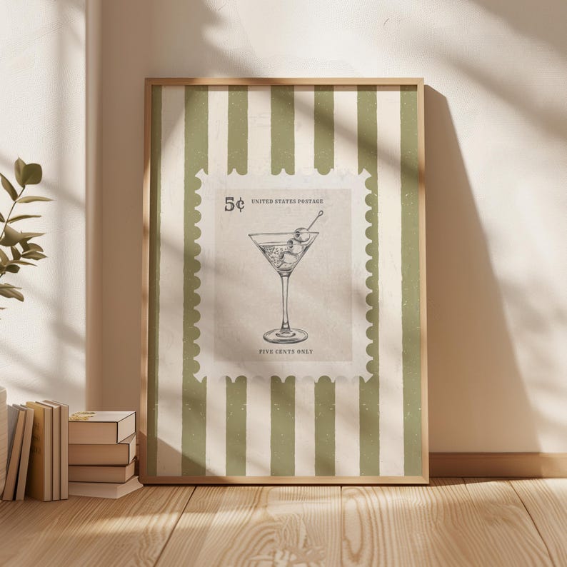 Martini Glass Art Green Stripes Stamp, Signature Drink Sign, Cocktail ...
