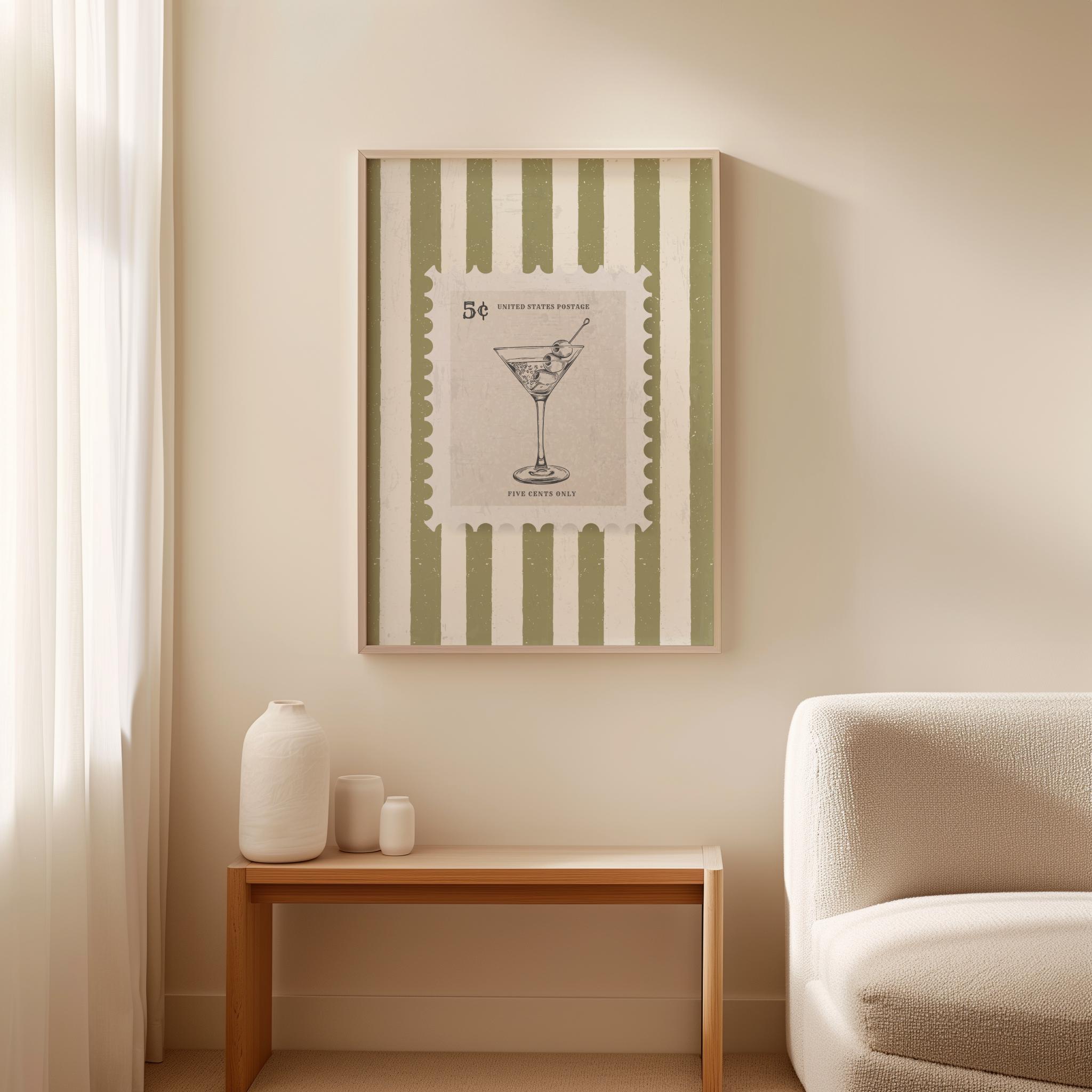 Martini Glass Art Green Stripes Stamp, Signature Drink Sign, Cocktail ...