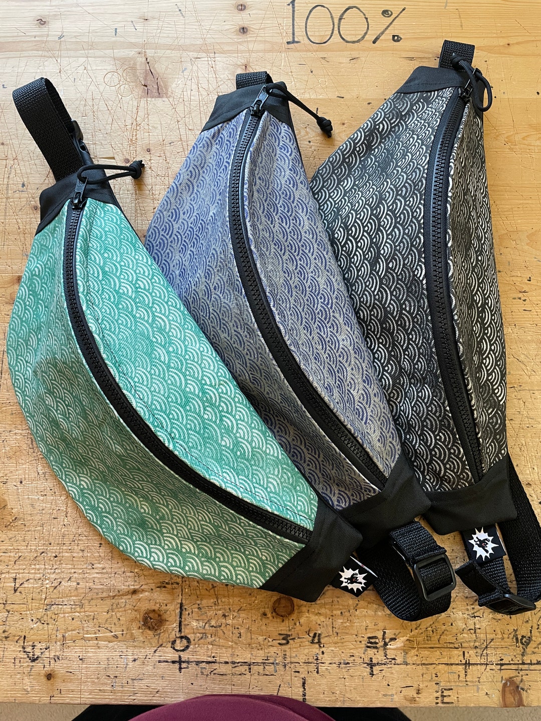 Japanese Seigaiha Block Print Style Waxed Canvas Sling Bag for Women or ...