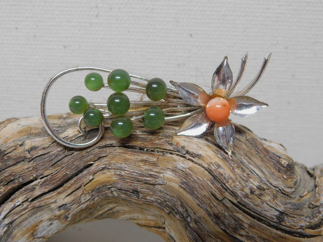 Silver Tone Wire Flower Pin With Jade and Coral. - Etsy