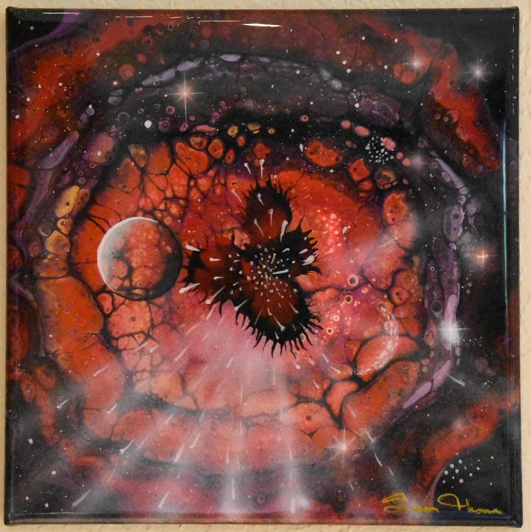 Fine Art Celestial Pour Painting, Stars, Planets Galaxy, Red, Black ...