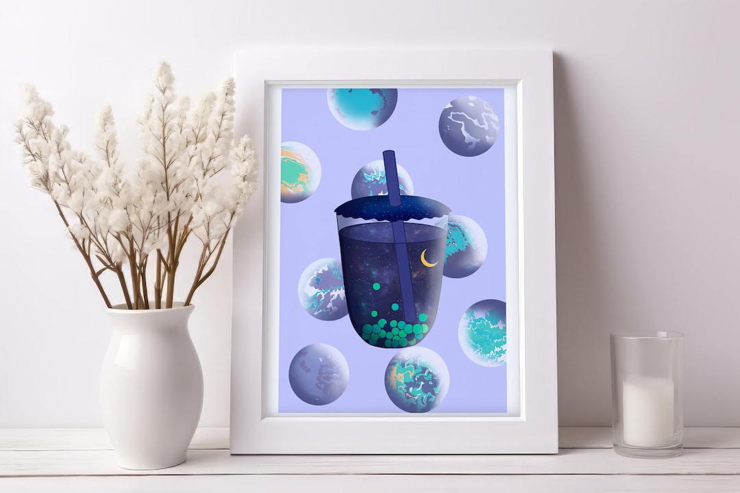 Space Boba Art Print A3 A4 Celestial Lofi Moon Planets Cute Kawaii - Etsy