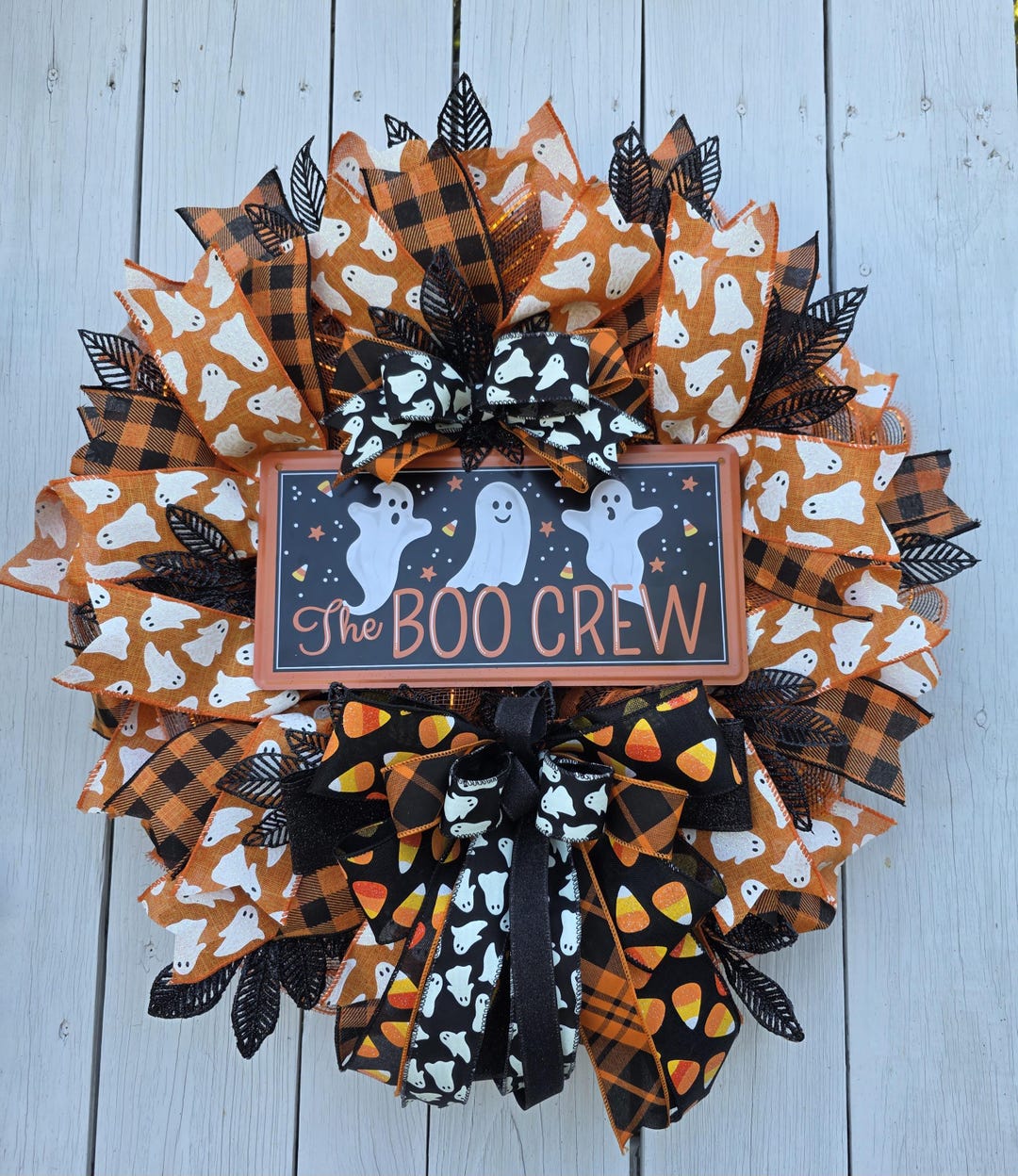 Halloween Ghost "boo Crew" Wreath: Orange, Black Decor, Pancake Wreath ...
